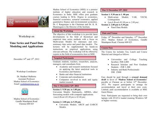 Workshop On Time Series And Panel Data Modeling And Applications