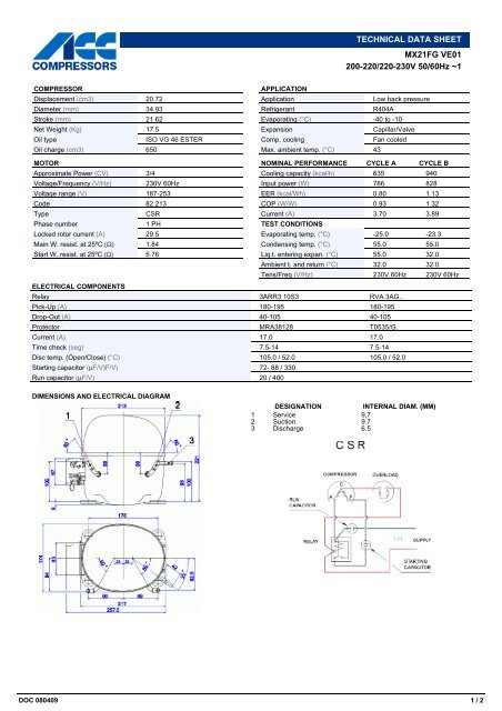 TECHNICAL DATA SHEET MX21FG VE01 200-220/220-230V 50 ...