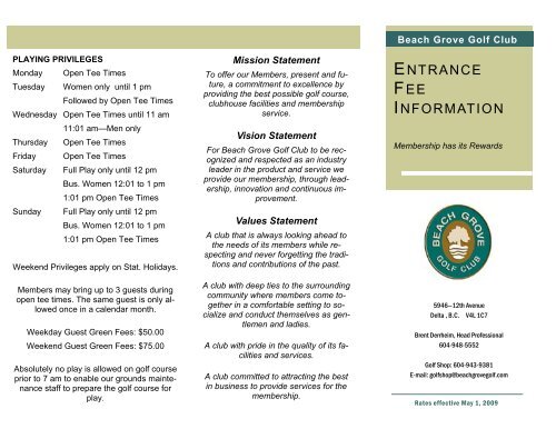 Entrance Fees Brochure May 1, 2009 - Beach Grove Golf Club