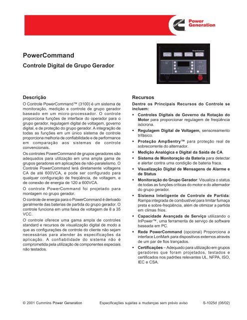 Controle PowerCommandâ ¢ (3100) - Cummins Power Generation