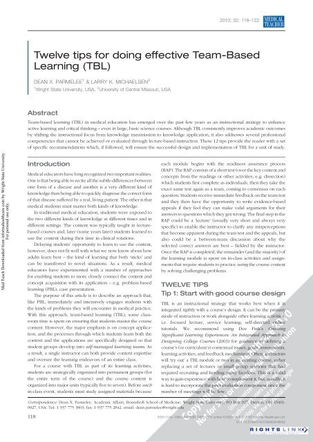 Twelve tips for doing effective Team-Based Learning (TBL)