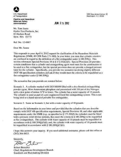 June 25, 2012 Letter of Interpretation - Hydro-Test Products, Inc