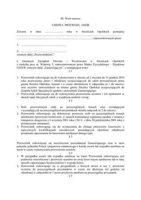 III. Wzór umowy UMOWA PRZEWOZU OSÓB ... - Strzelce Opolskie