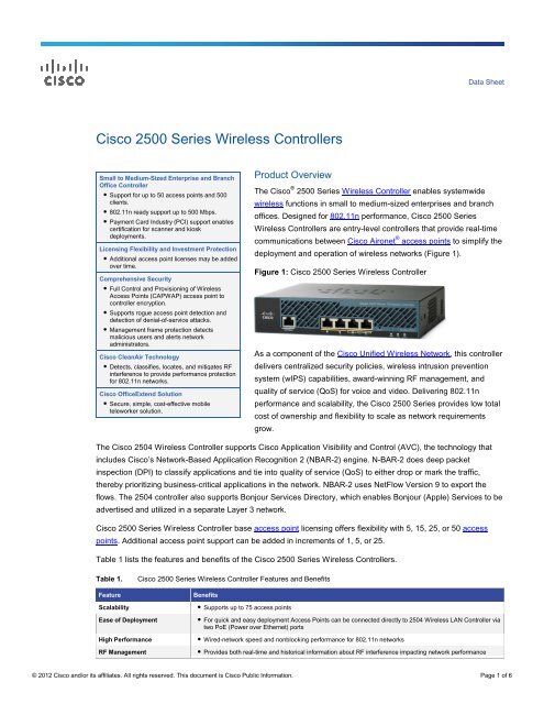 Cisco 2500 Series Wireless Controllers Data Sheet