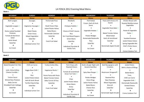 Sample dinner menu - PGL