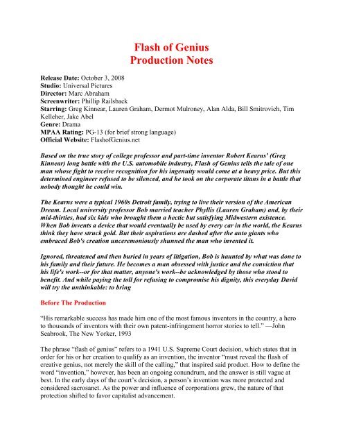 Flash of Genius Production Notes - Visual Hollywood