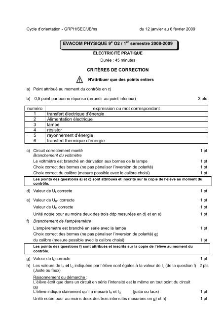EVACOM PHYSIQUE 9 O2 / 1 semestre 2008-2009 CRITÃ RES DE ...
