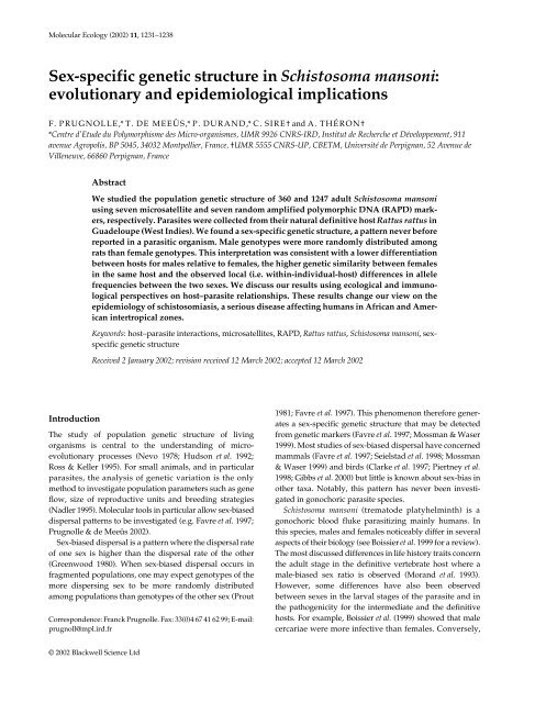 Sex Specific Genetic Structure In Schistosoma Mansoni Ird