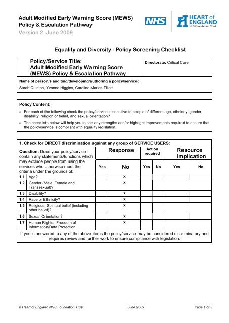 MEWS Policy Escalation Pathway - Adult - Heart of England NHS ...
