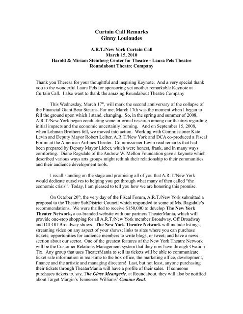 curtain call speech - The Alliance of Resident Theatres/New York