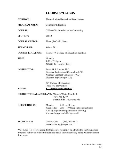 COURSE SYLLABUS - College of Education - Wayne State University