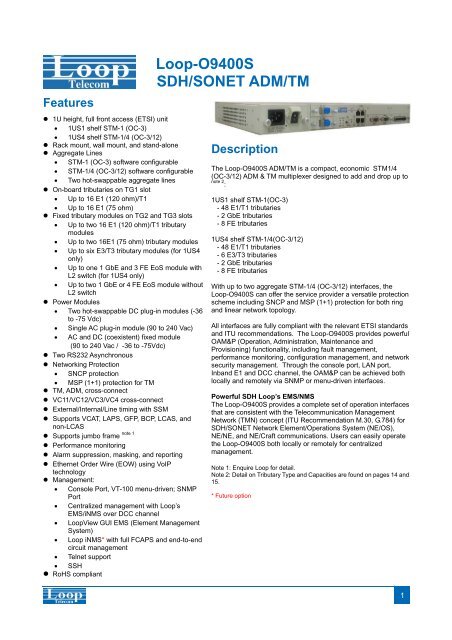 Loop-O9400S SDH/SONET ADM/TM Features