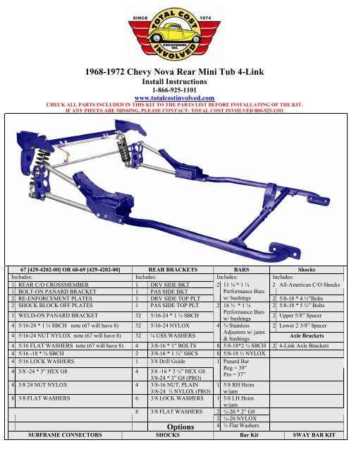 1968-1972 Chevy Nova Rear Mini Tub 4-Link - Total Cost Involved