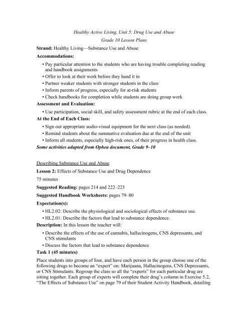 Healthy Active Living, Unit 5: Drug Use and Abuse Grade 10 Lesson ...