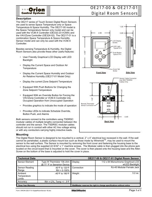 OE217-00 & OE217-01 Digital Room Sensors - Orion Control Systems