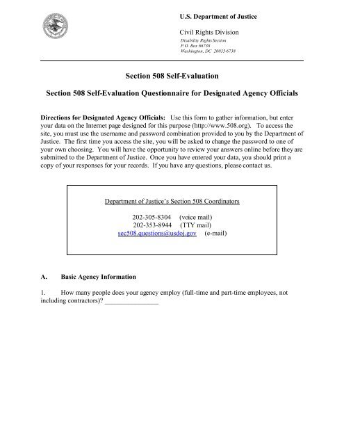 Section 508 Self-Evaluation Questionnaire for ... - ADA.gov
