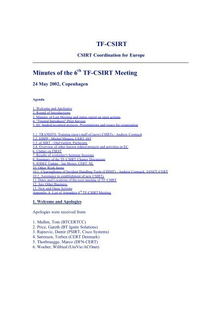 TF-CSIRT Minutes of the 6 TF-CSIRT Meeting - Terena