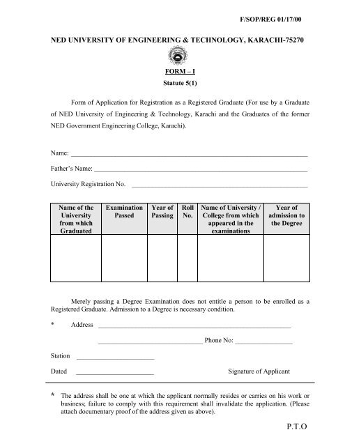 Application for Registration as a Registered Graduate - NED University