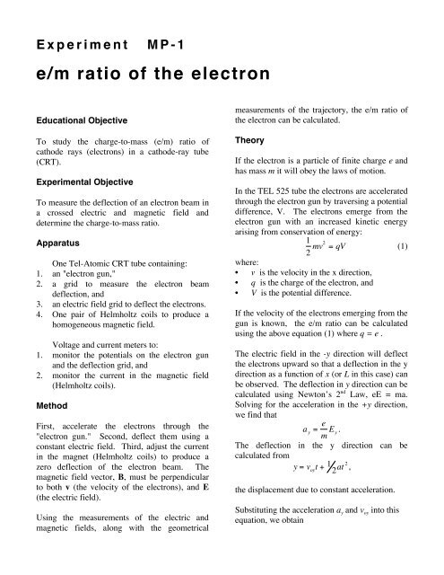Experiment MP-1 e/m ratio of the electron
