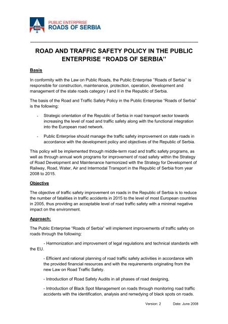 traffic safety policy of pe "roads of serbia"
