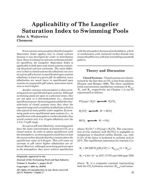 Applicability of The Langelier Saturation Index to Swimming Pools