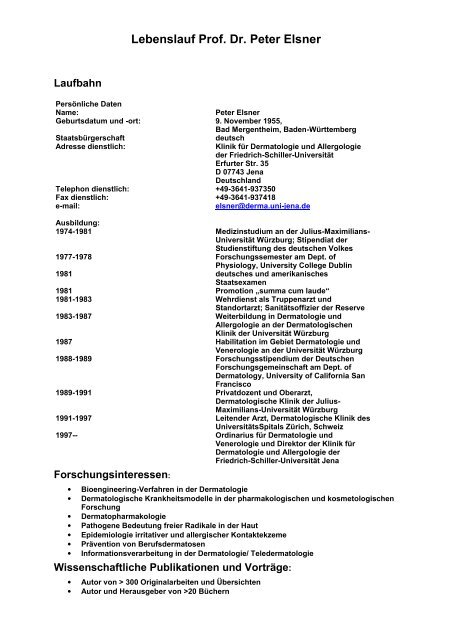 Lebenslauf Prof. Dr. Peter Elsner - Euro-Melanoma 2013