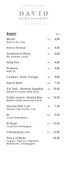 Cocktail- und Getränkekarte DAVID Lounge Bar - Romantik Hotel ...