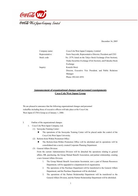 Announcement of organizational changes and personnel ...