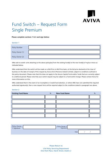 Fund Switch â Request Form Single Premium - Aviva