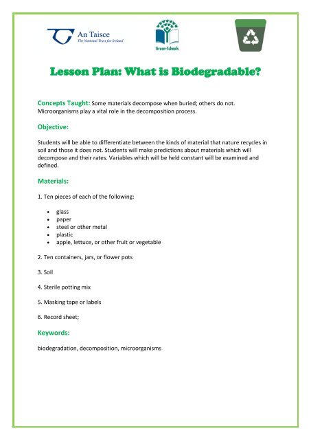 Lesson Plan: What is Biodegradable? - Green Schools Ireland