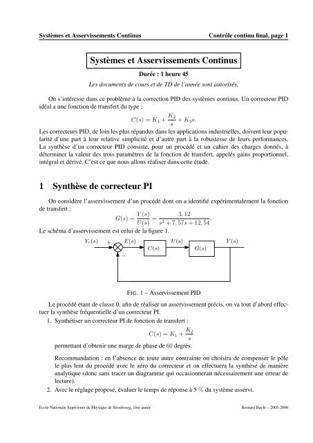 Syst`emes et Asservissements Continus 1 Synth`ese de correcteur PI