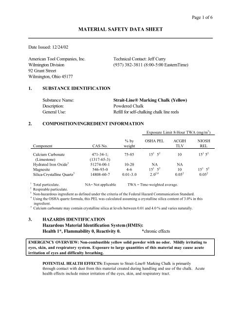 Yellow Marking Chalk - MSDS Sheet - Midland Tool & Supply