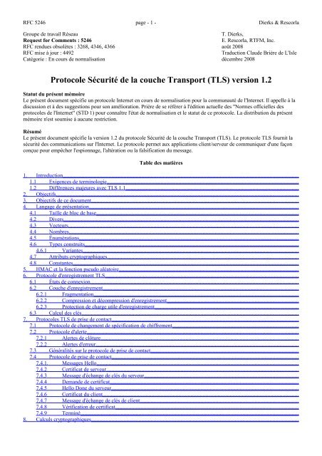 Protocole Sécurité de la couche Transport (TLS) - RFC