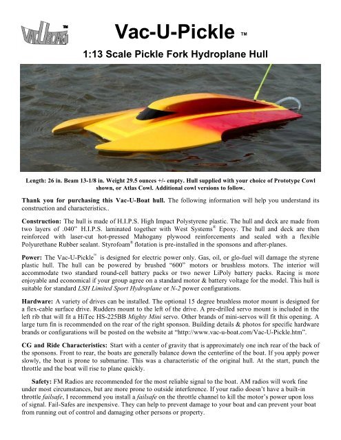 Vac-U-Pickle TM 1:13 Scale Pickle Fork Hydroplane Hull - Vac-U-Boat