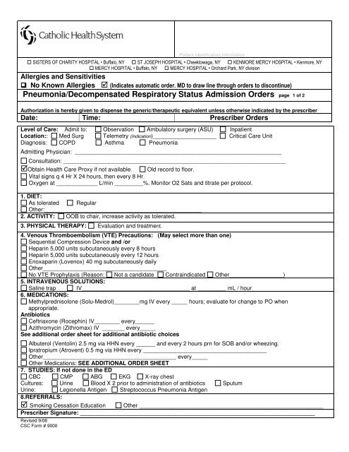 Pneumonia/Decompensated Respiratory Status Admission Orders ...