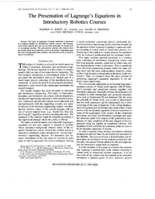 The presentation of Lagrange's equations in ... - Mechatronics