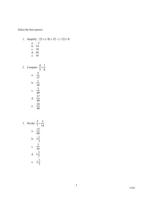 Pre-Algebra COMPASS Review