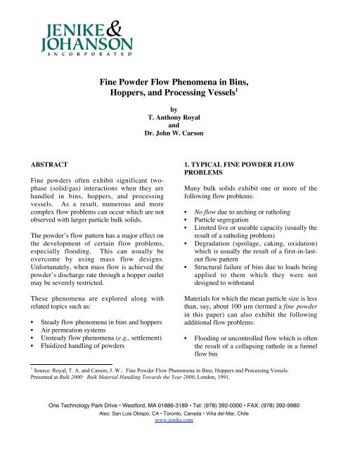 Fine Powder Flow Phenomena in Bins, Hoppers, and Processing ...