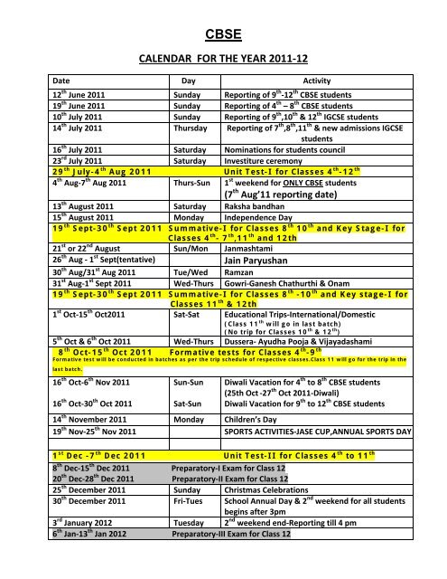 CBSE Calendar - Jain International Residential School