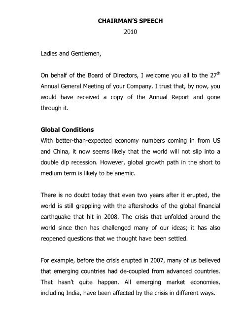 CHAIRMAN'S SPEECH 2010 Ladies and ... - Hero MotoCorp