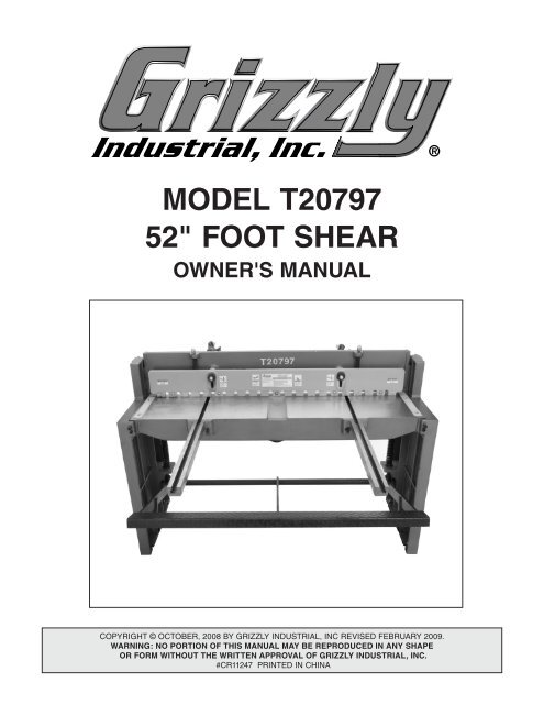 MODEL T20797 52" FOOT SHEAR - Grizzly Industrial Inc.