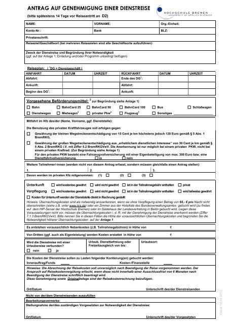 GENEHMIGUNG EINER DIENSTREISE - Hochschule Bremen