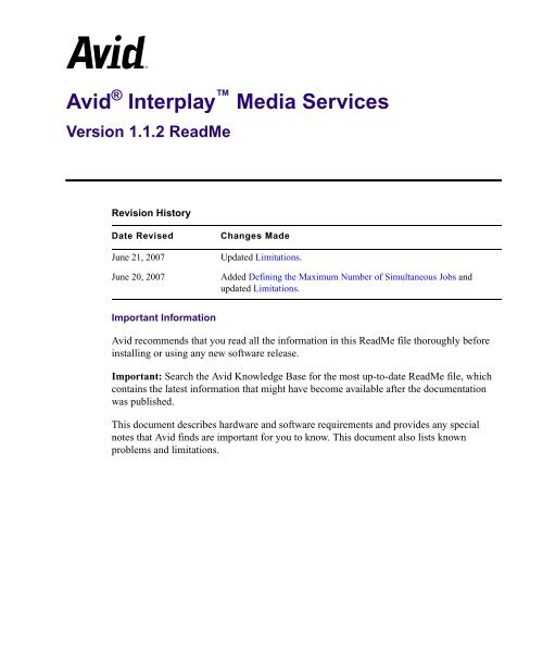 Avid Interplay Media Services Version 1.1.2 ReadMe
