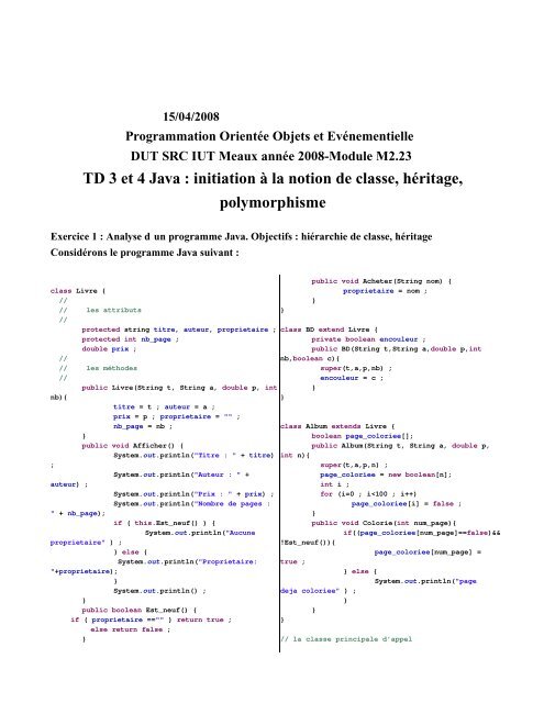 TD 3 et 4 Java : initiation à la notion de classe, héritage ...
