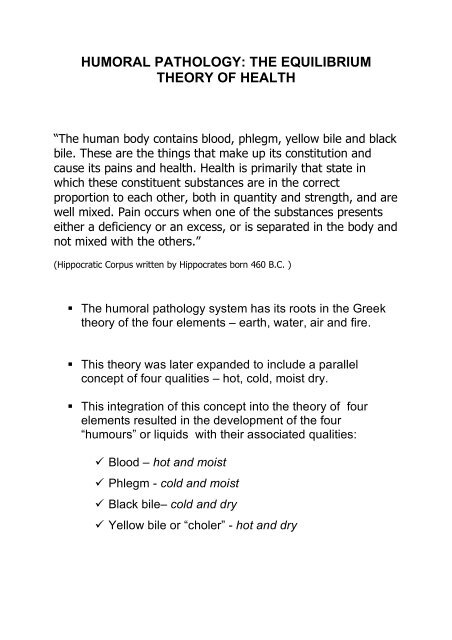 HUMORAL PATHOLOGY: THE EQUILIBRIUM THEORY OF HEALTH