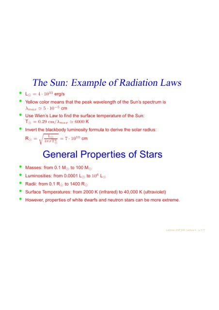 The Sun: Example of Radiation Laws General Properties of Stars