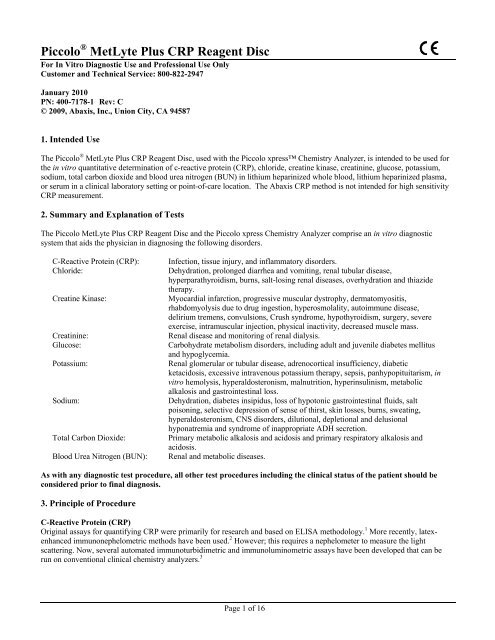 Piccolo MetLyte Plus CRP Reagent Disc - Abaxis