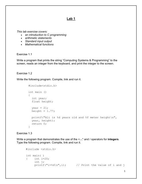 This lab exercise covers: an introduction to C programming ... This lab exercise covers: an introduction to C programming ...