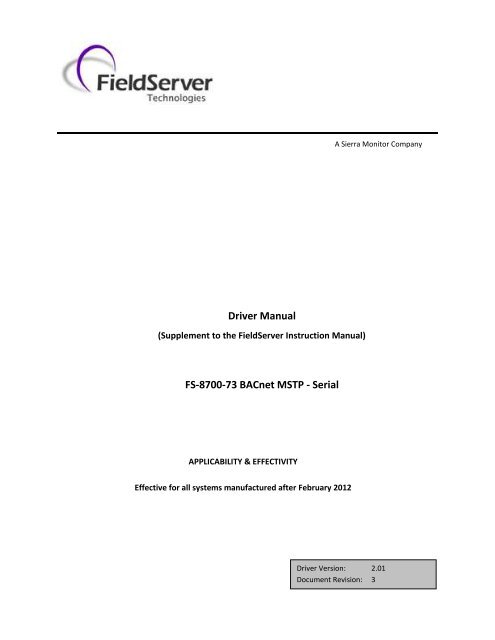 FS-8700-73 BACnet MS/TP - FieldServer Technologies
