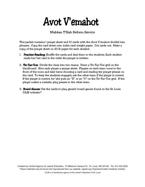 Avot V'emahot Mishkan T'filah Prayer sheet & 10 cards PDF.pub
